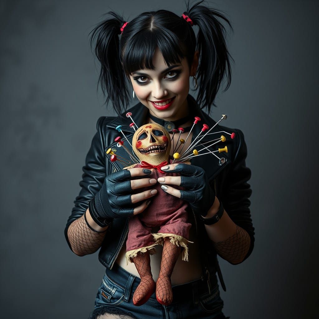 Realistic art A cute looking punk yet evil with a big smirk holding An ...