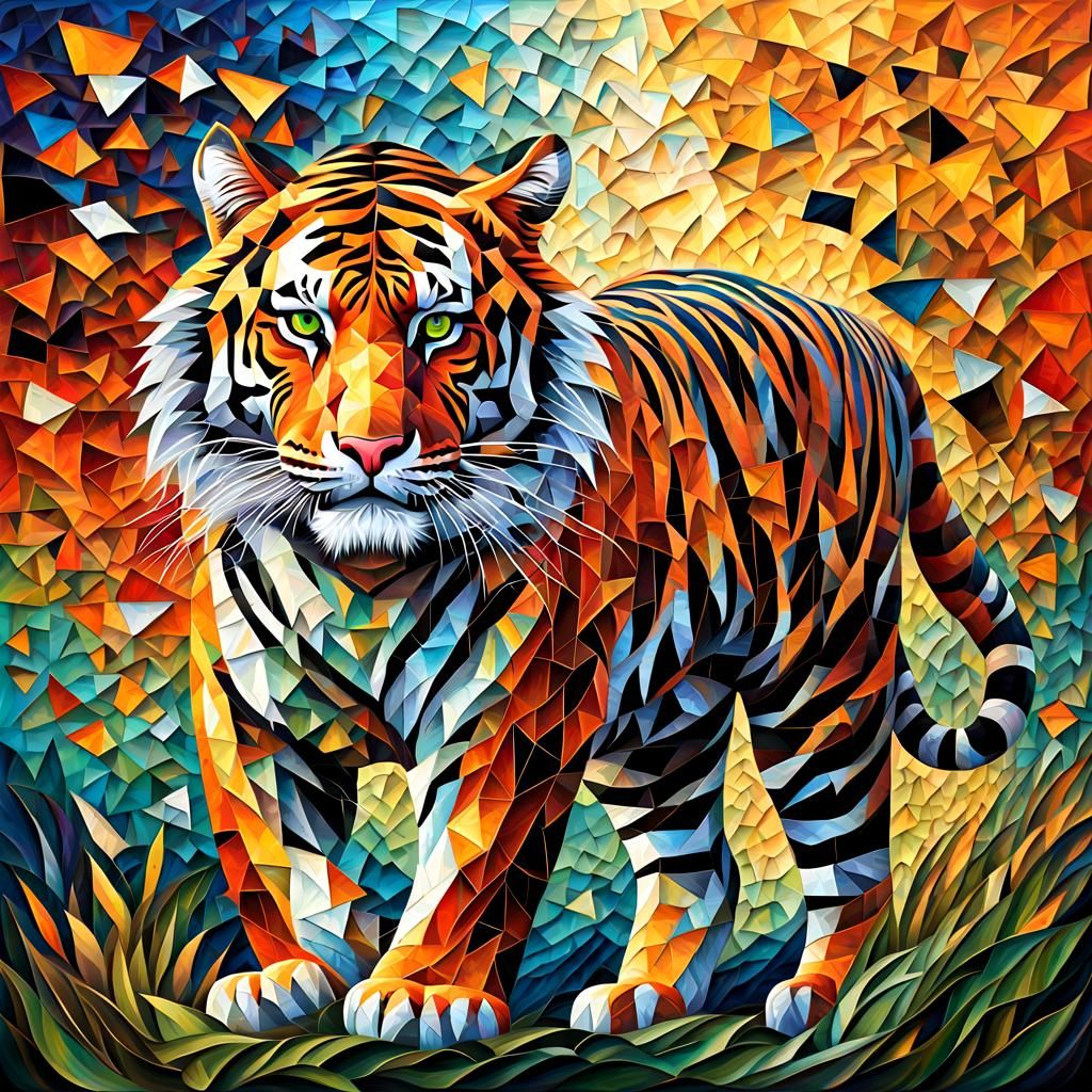 The tiger. Beautiful rustic mosaic patchwork, abstract, surreal, sharp ...