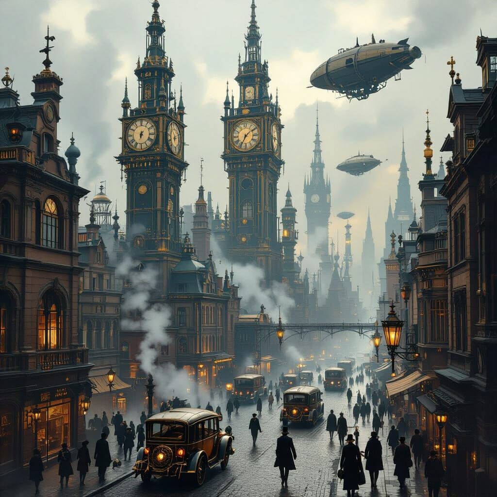 A steampunk cityscape with towering clockwork structures and intricate ...