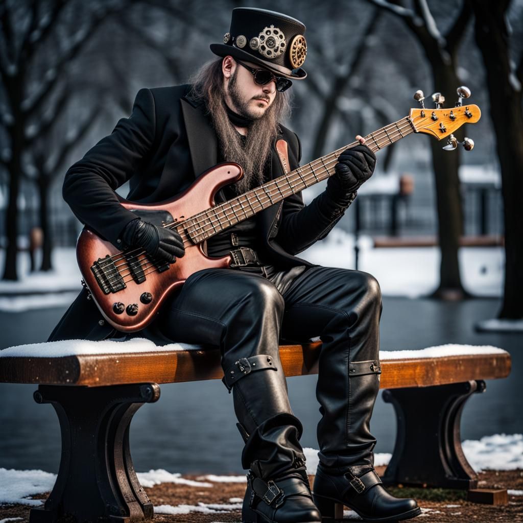 Heavy Metal Bass Guitarist On A Park Bench In Winter Ai Generated Artwork Nightcafe Creator