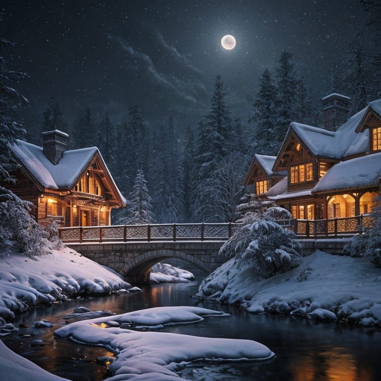 Secret Snow Inn - Whimsical Snowy Fantasy Scene in Pastel Hu...