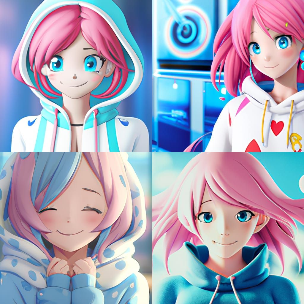 twinbee pastel cute anime girl smiling with pink hair, blue eyes ...