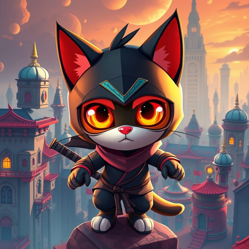 Vibrant Cartoon Cat Ninja with Shimmering Eyes in ... - AI Art