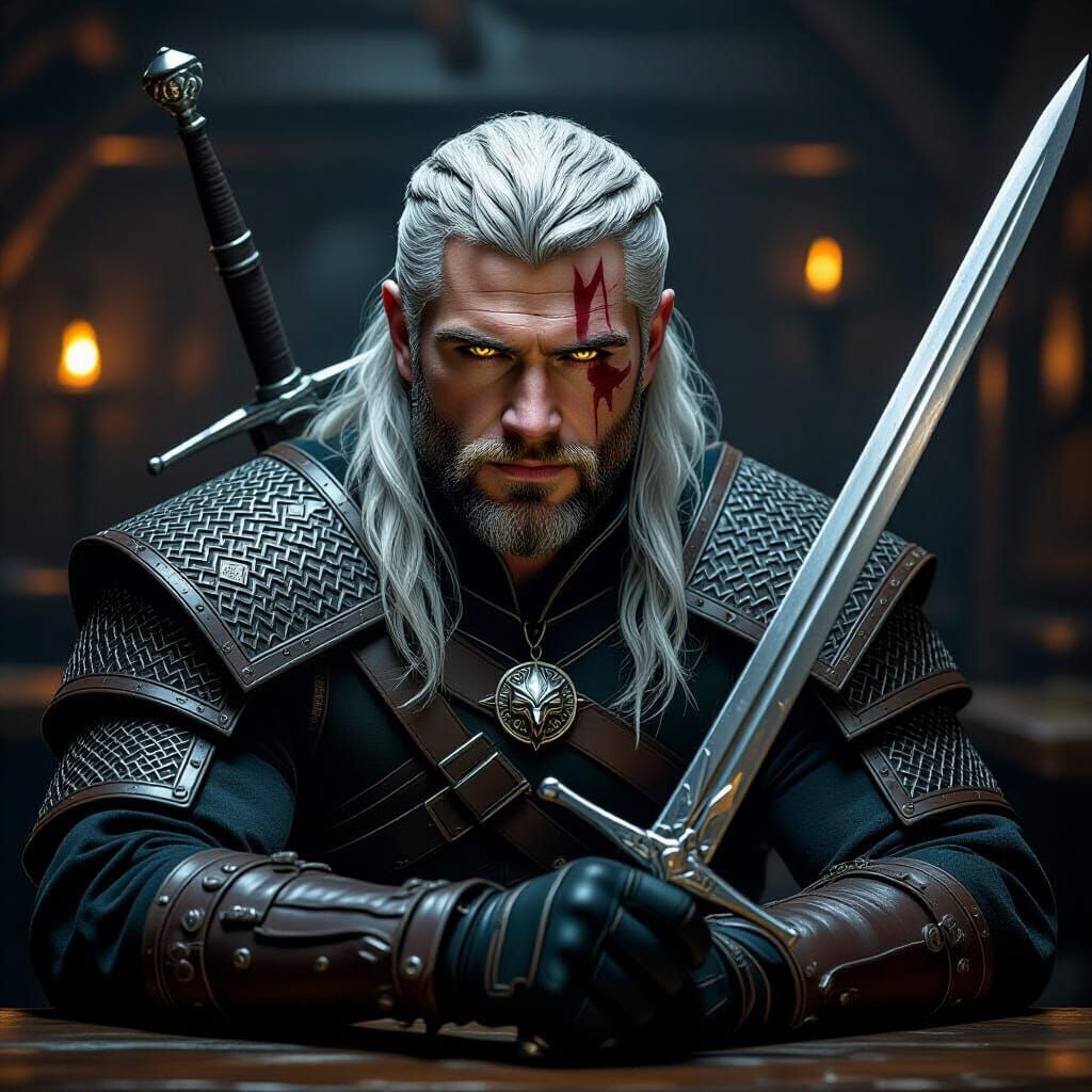 Liam Hemsworth as Geralt of Rivia with the white hair, gold eyes, the ...