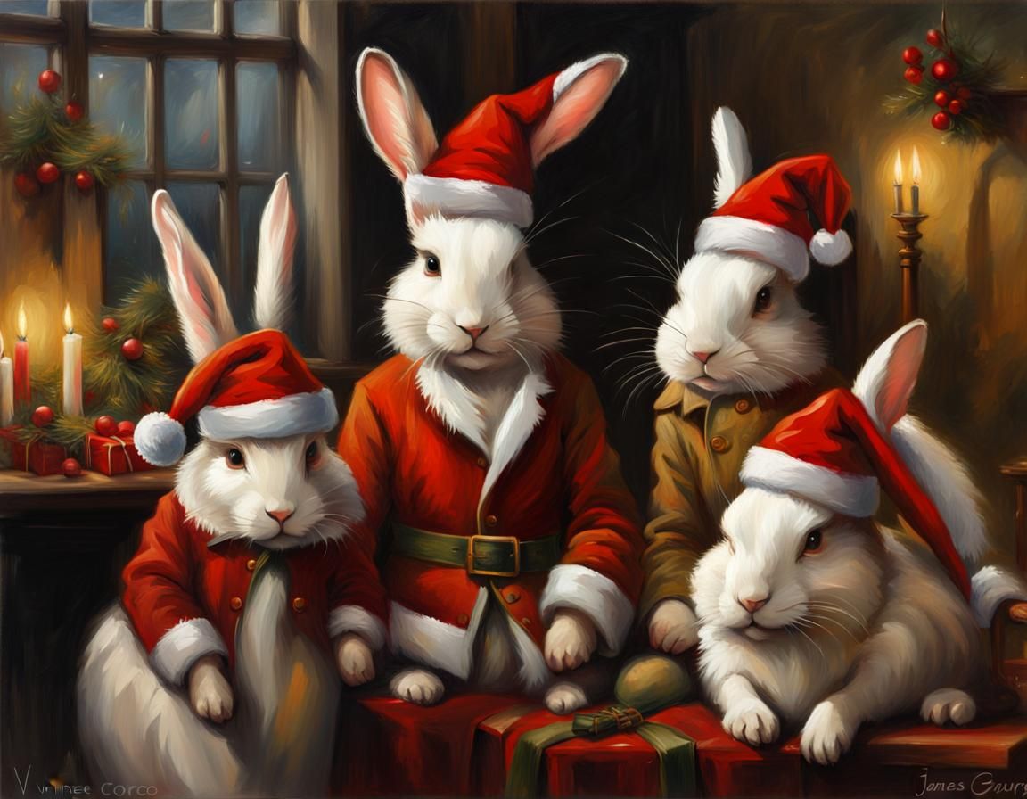 Christmas rabbits wearing Christmas hats, Christmas lights, heavy ...