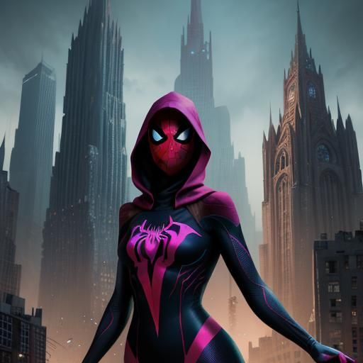 Spider-Gwen, wearing mask, with hood up, depicted as a colossal giant ...