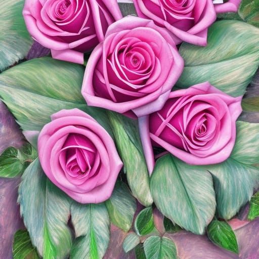 three beautiful fantastic pink roses with leaves, romanticism sharp ...