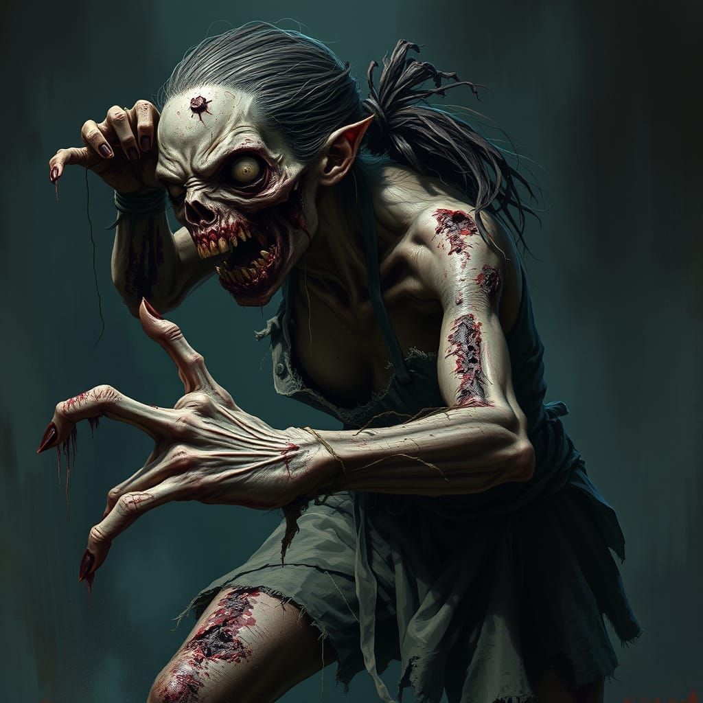 Grotesque Zombie Female in Dark, Grimy Environment - AI Art