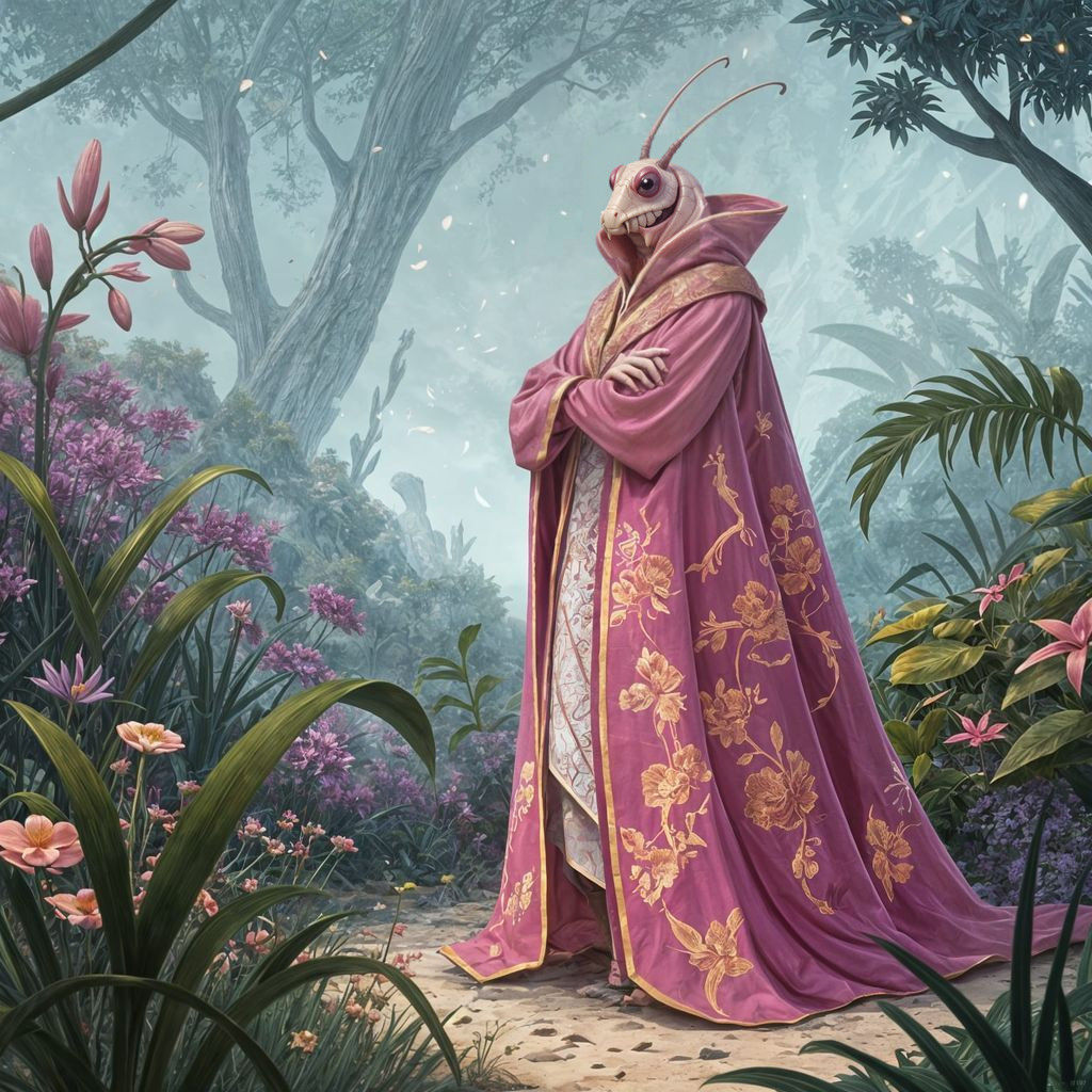 Ethereal Orchid Mantis in Majestic Long Pink Cloak - AI Art