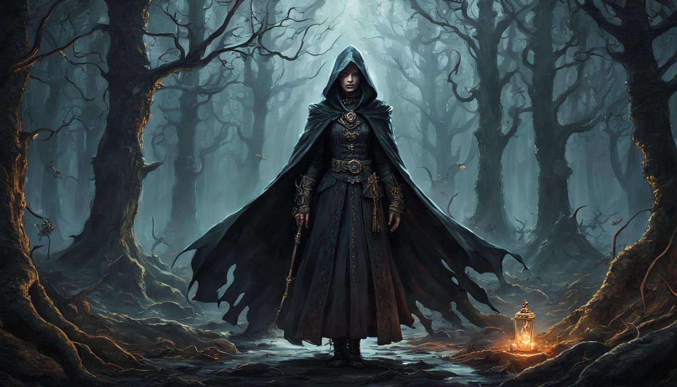Mysterious Priestess in Dark Velvet Cloak with Occ... - AI Art
