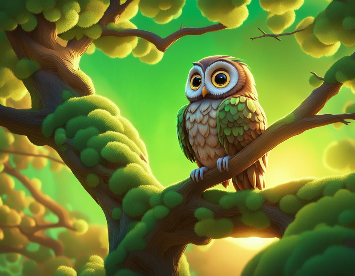 Vibrant Pixar-Inspired Owl Perched on a Tree - AI Art