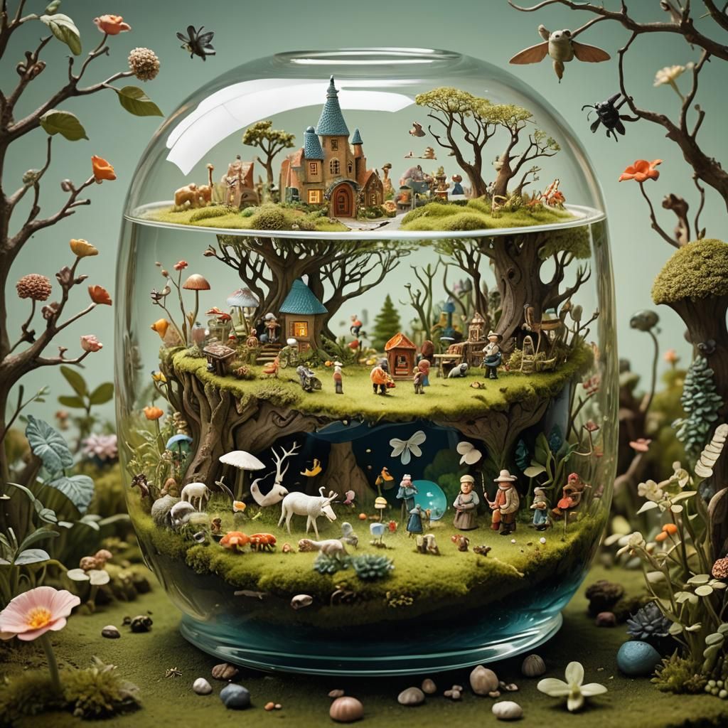 Whimsical scene that depict miniature world contained within glass ...