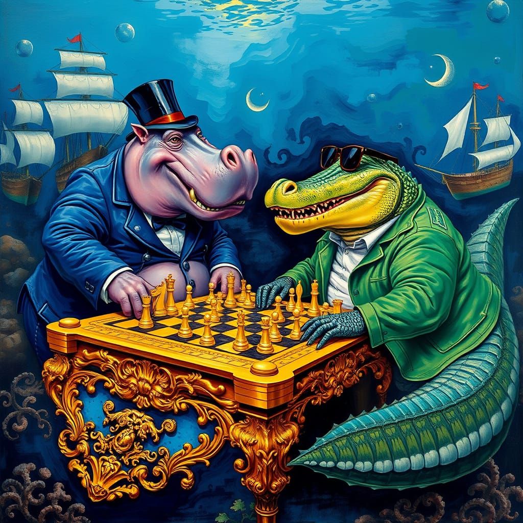 Hippo and Crocodile Play Chess Underwater as Gouac... - AI Art