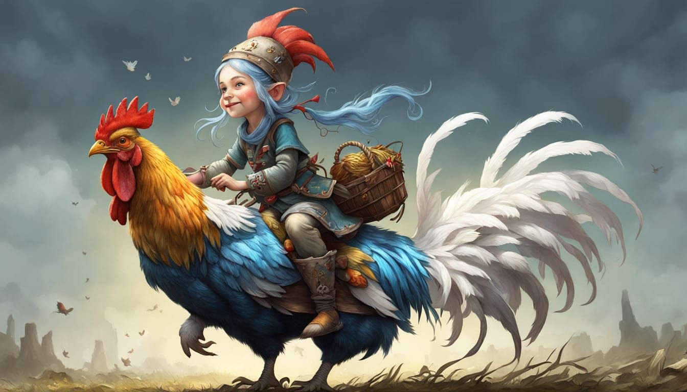 Female gnome riding a rooster - Female gnome riding a rooste...