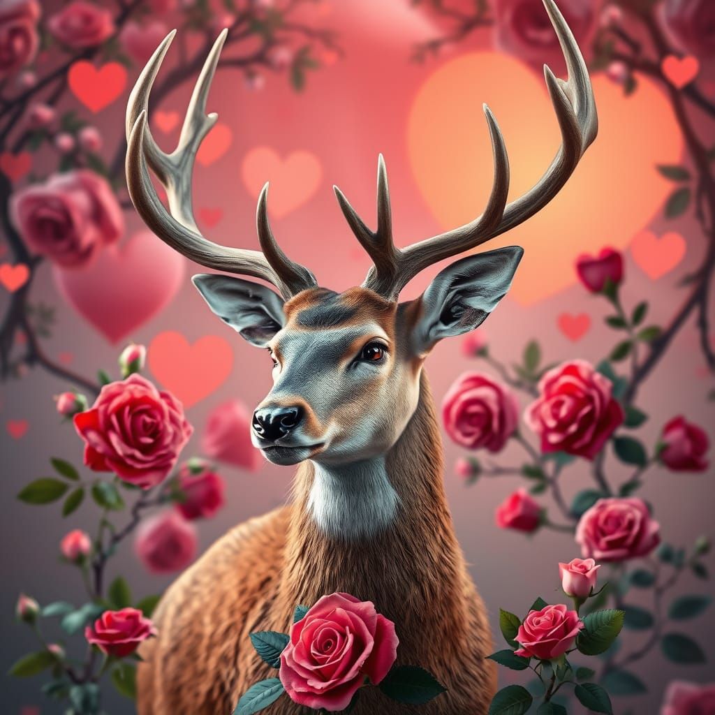 Majestic Stag Deer Surrounded by Whimsical Roses a... - AI Art