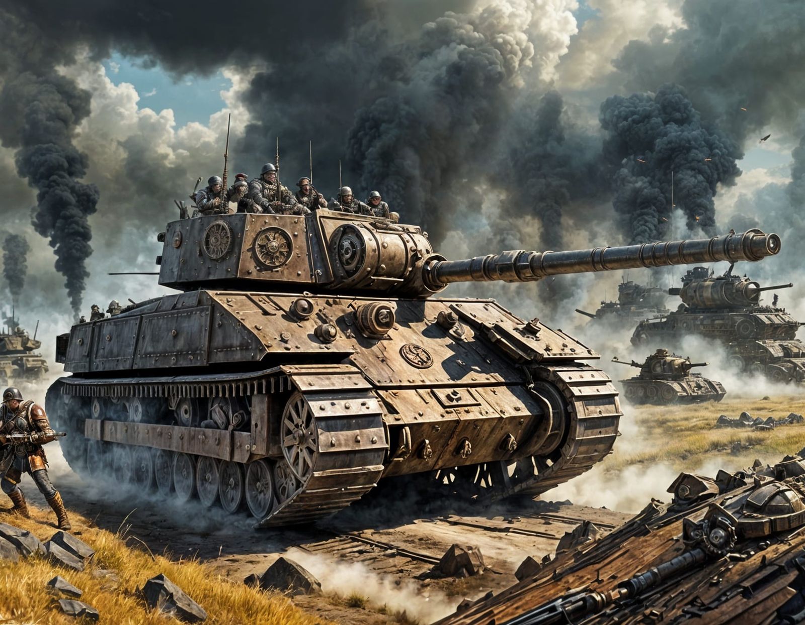 Epic Steampunk Tank in Distant Warhammer Battlefie... - AI Art