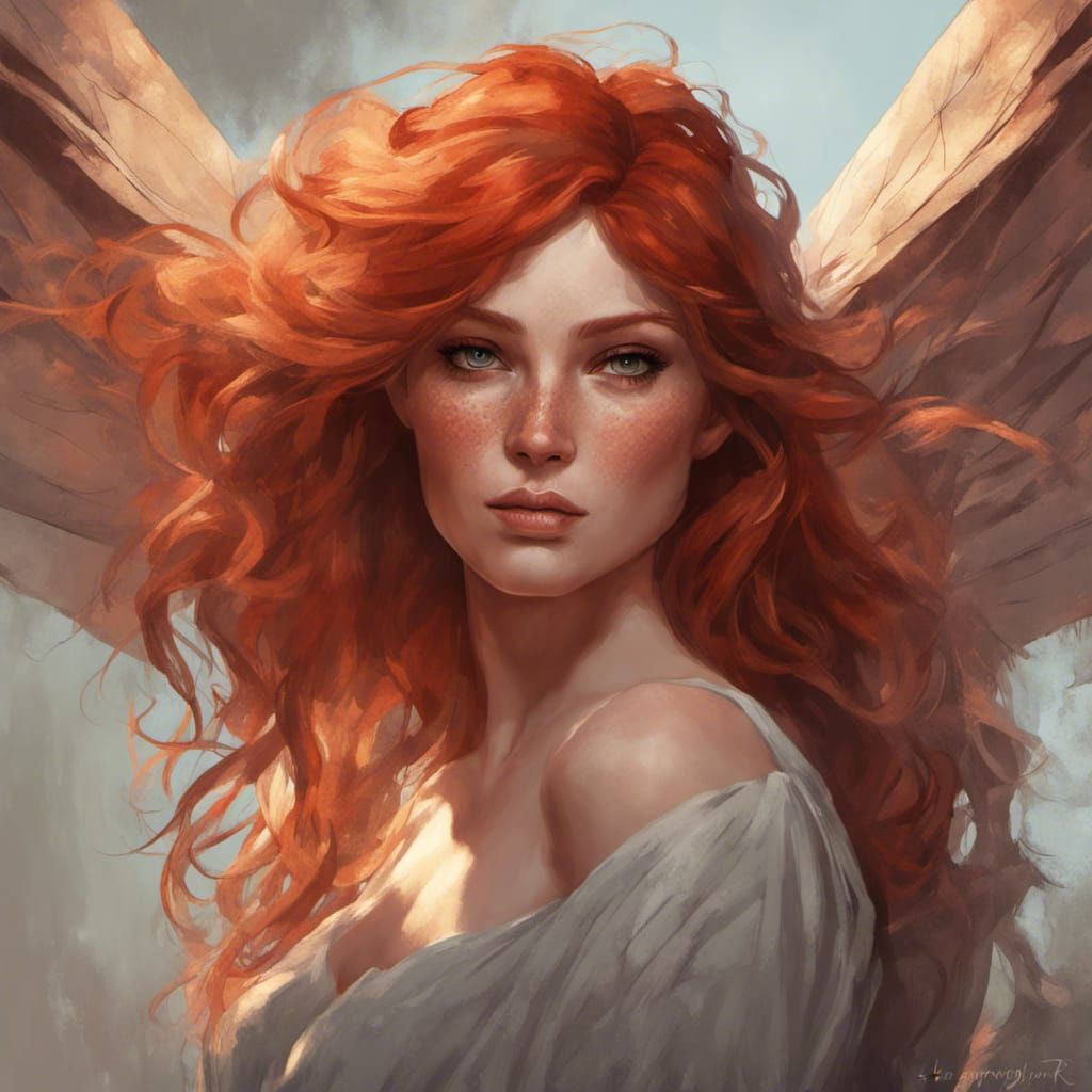 Beautiful redhaired fae female with beautiful tough wings with freckles ...