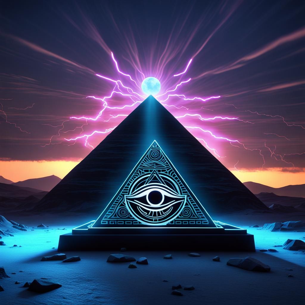florescent glowing black light pyramid with all seeing eye in it , sun ...