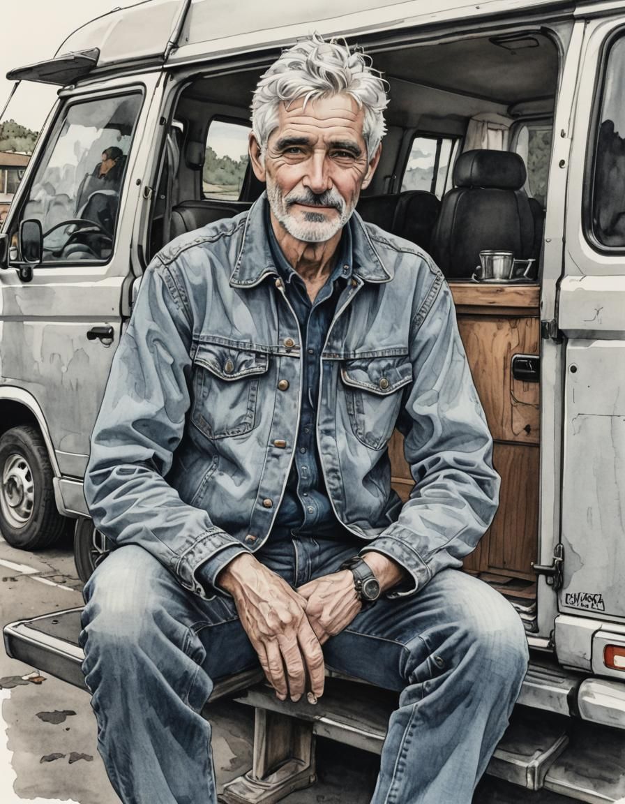 Portrait of grey haired man in jeans, sat by a campervan - AI Generated ...