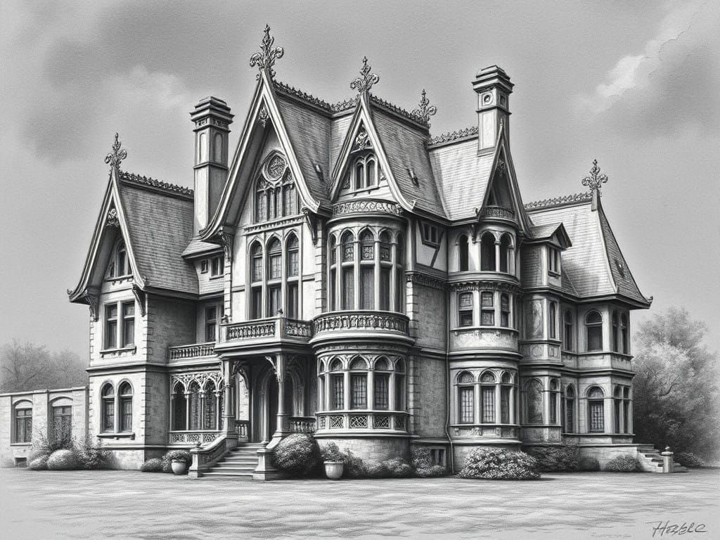 Intricate House in Charcoal Pencil Drawing Style - AI Art