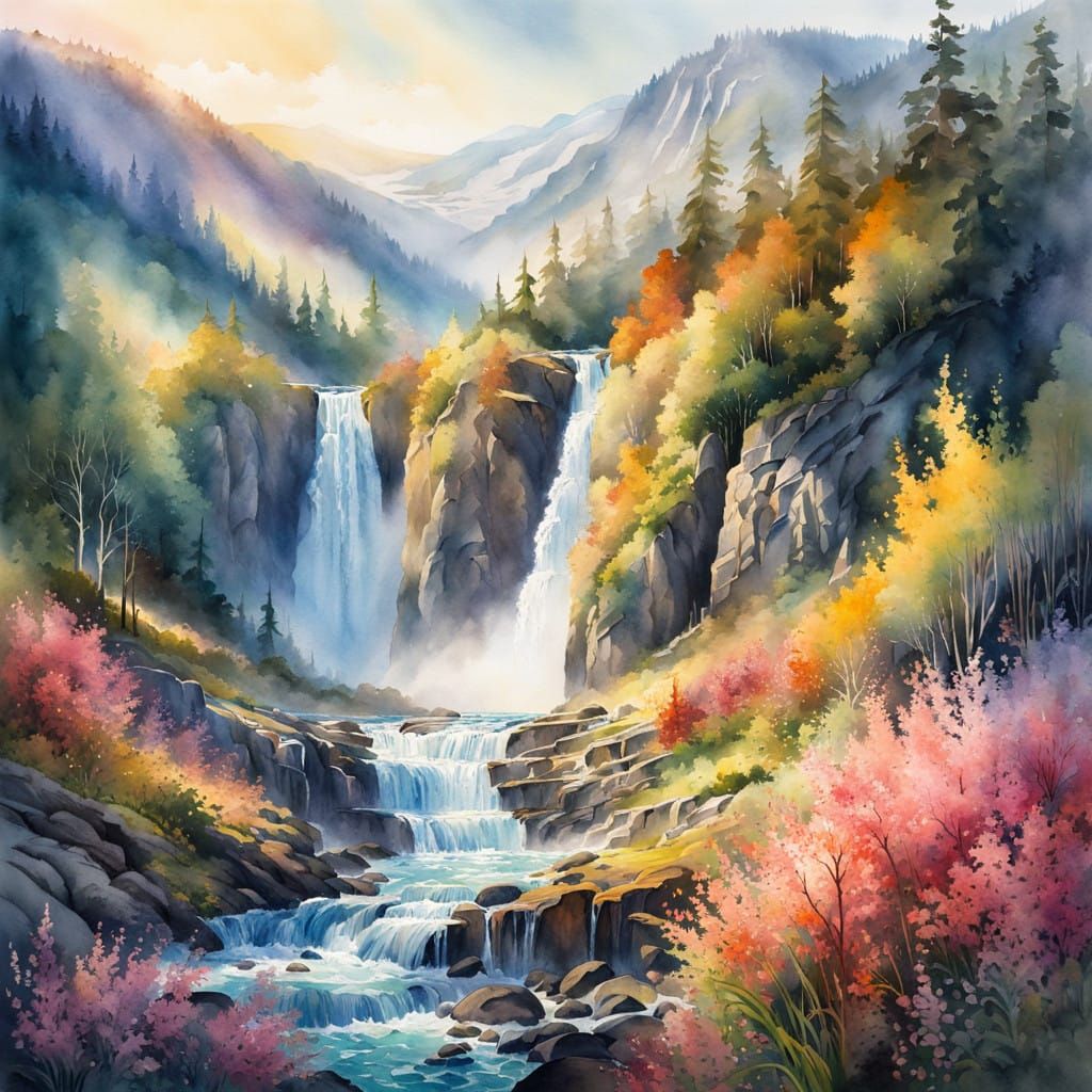 Vibrant Watercolor Masterpiece of a Majestic Morni... - AI Art