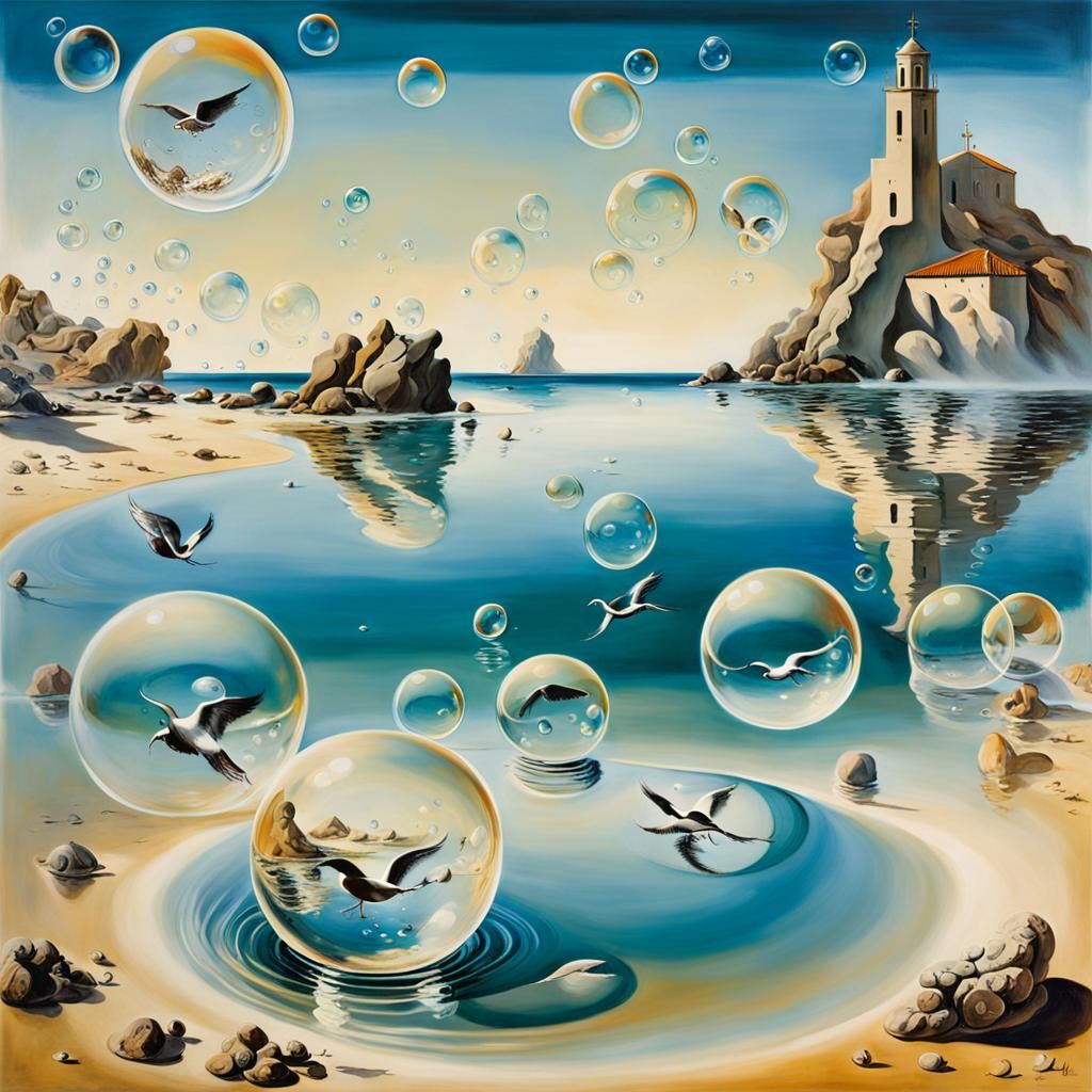 Art by Salvador Dalí, a dreamlike beach scene emerging from the ...