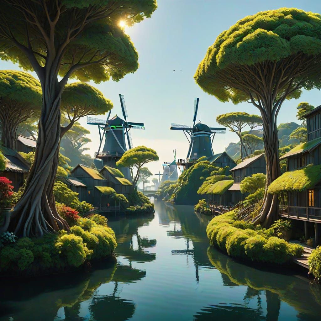 a futuristic coastal Solarpunk city, where towering windmills blend ...