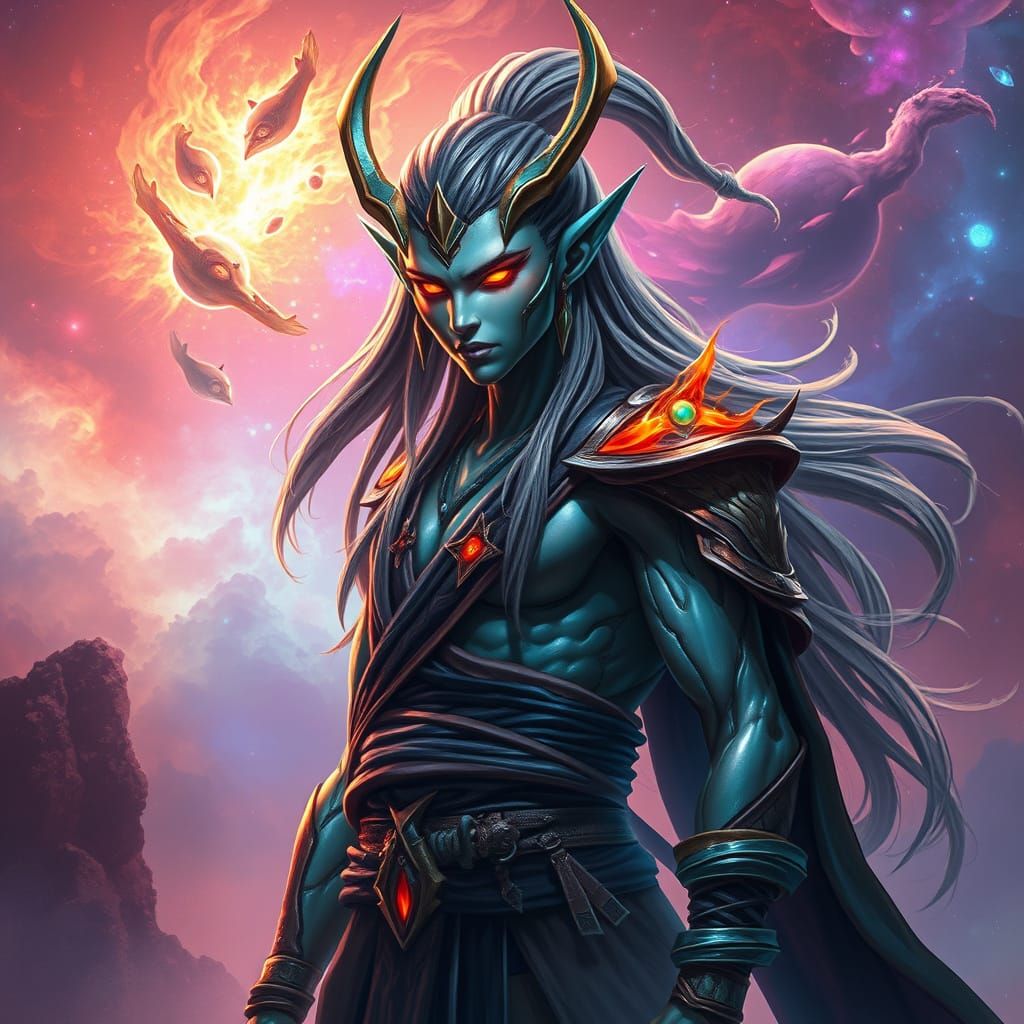 Celestial Drow Elf Samurai in Ethereal Nebula Land... - AI Art