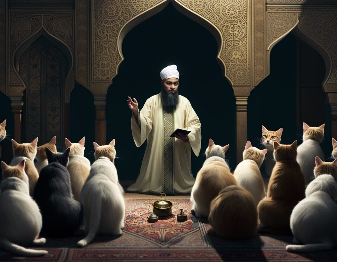 A cat dressed in an Imam's robe with a skull cap giving a sermon to a ...