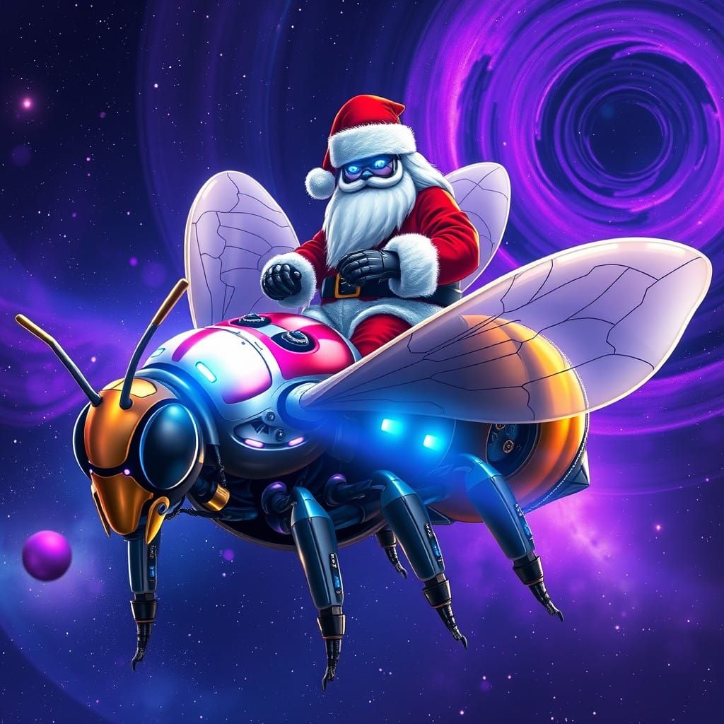 Futuristic Santa Bot Riding Iridescent Bumblebee i... - AI Art