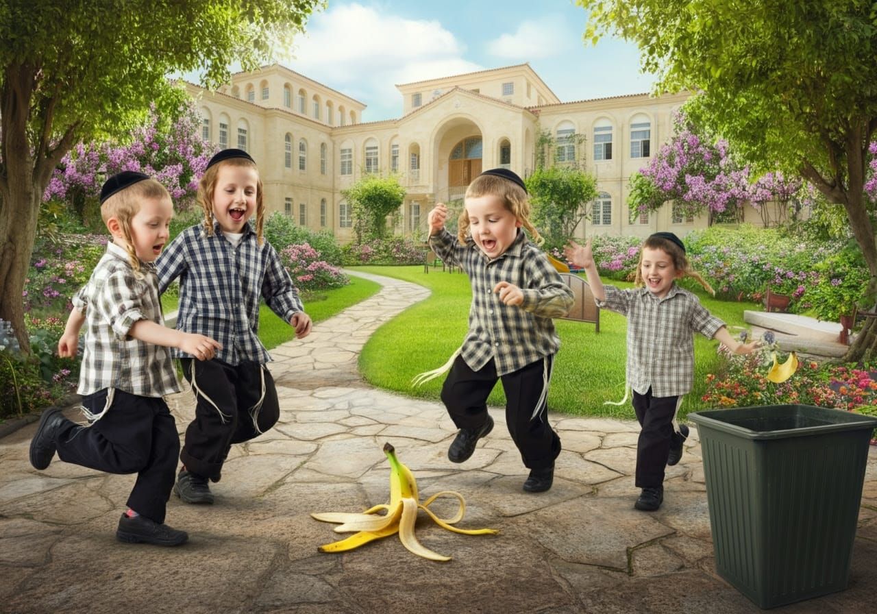 Please create an image of smiling, blonde, Hasidic Haredi children ...