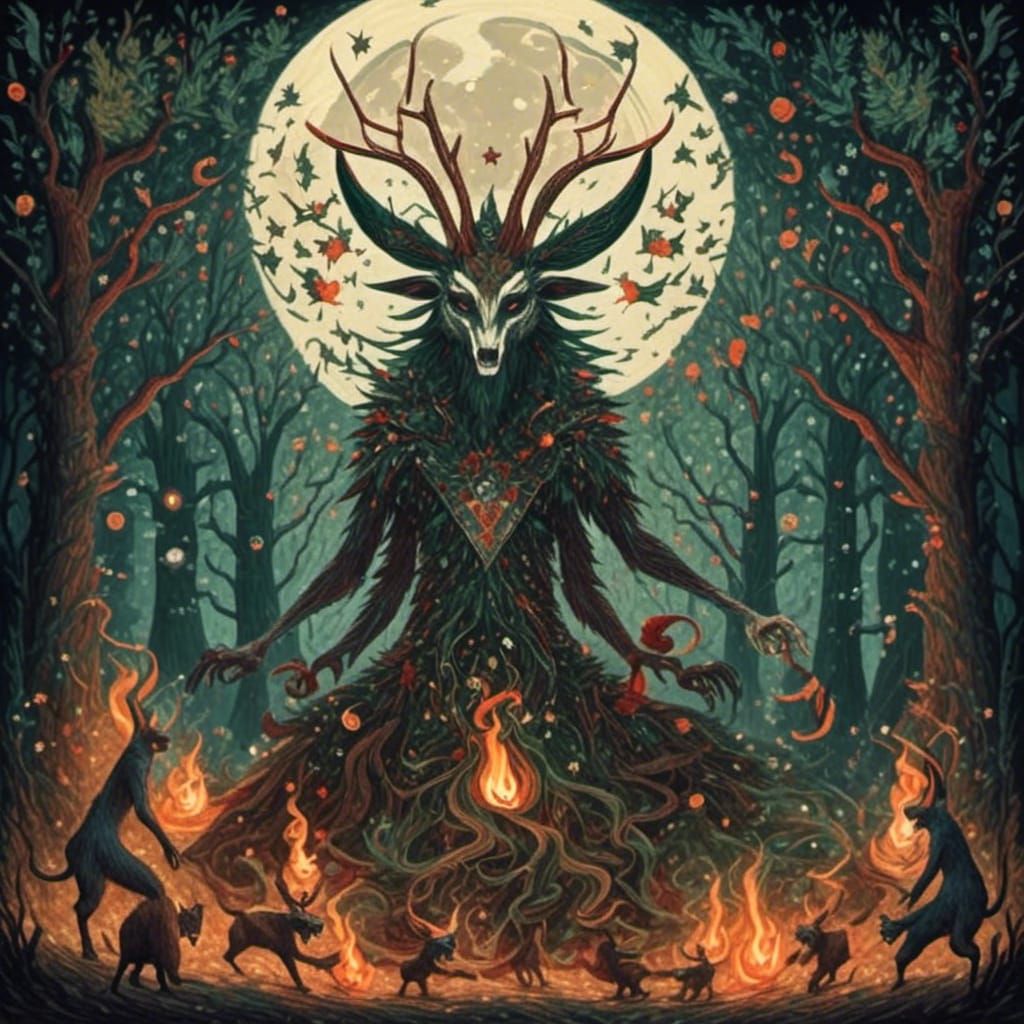 Baphomet demon dancing around a bonfire with other hellish creatures ...