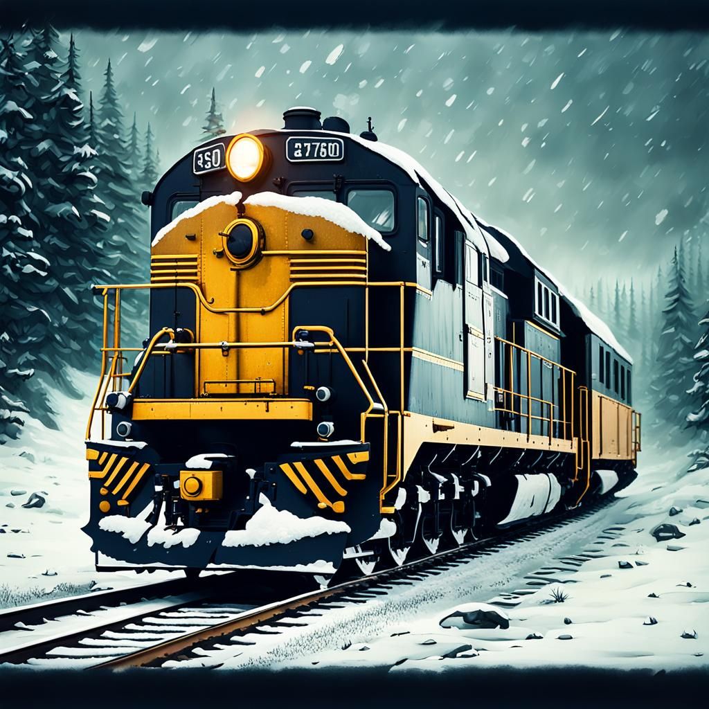 Diesel punk style large locomotive in snowy weather, Cinematic film ...