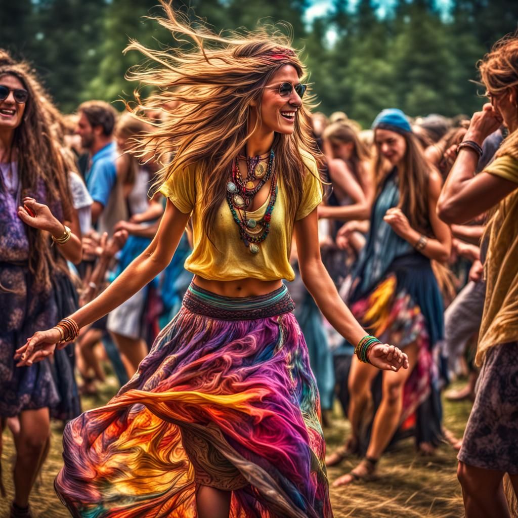 A Hippie festival dancing audience Woman spinning flowing skirt - AI Generated Artwork ...