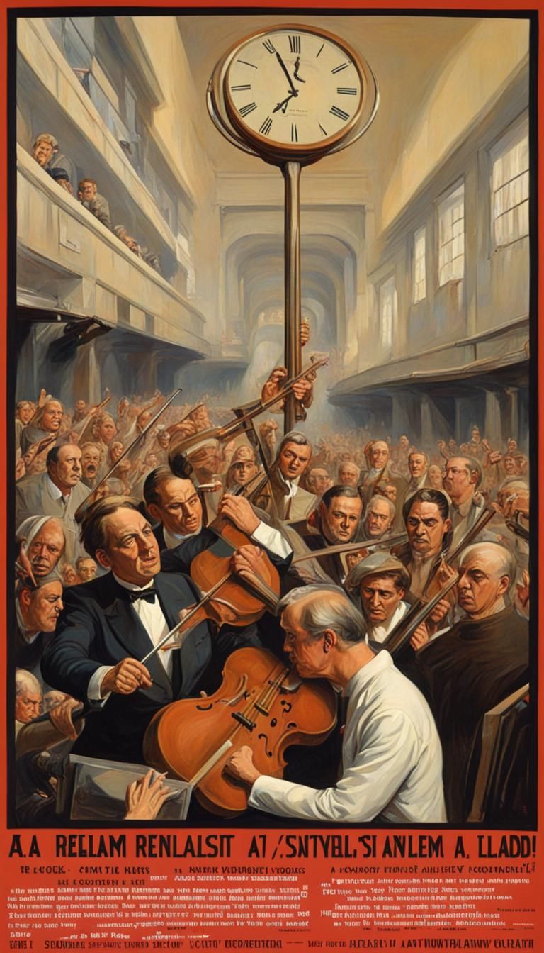 Socialist realism poster a symphony conducted by clock hands