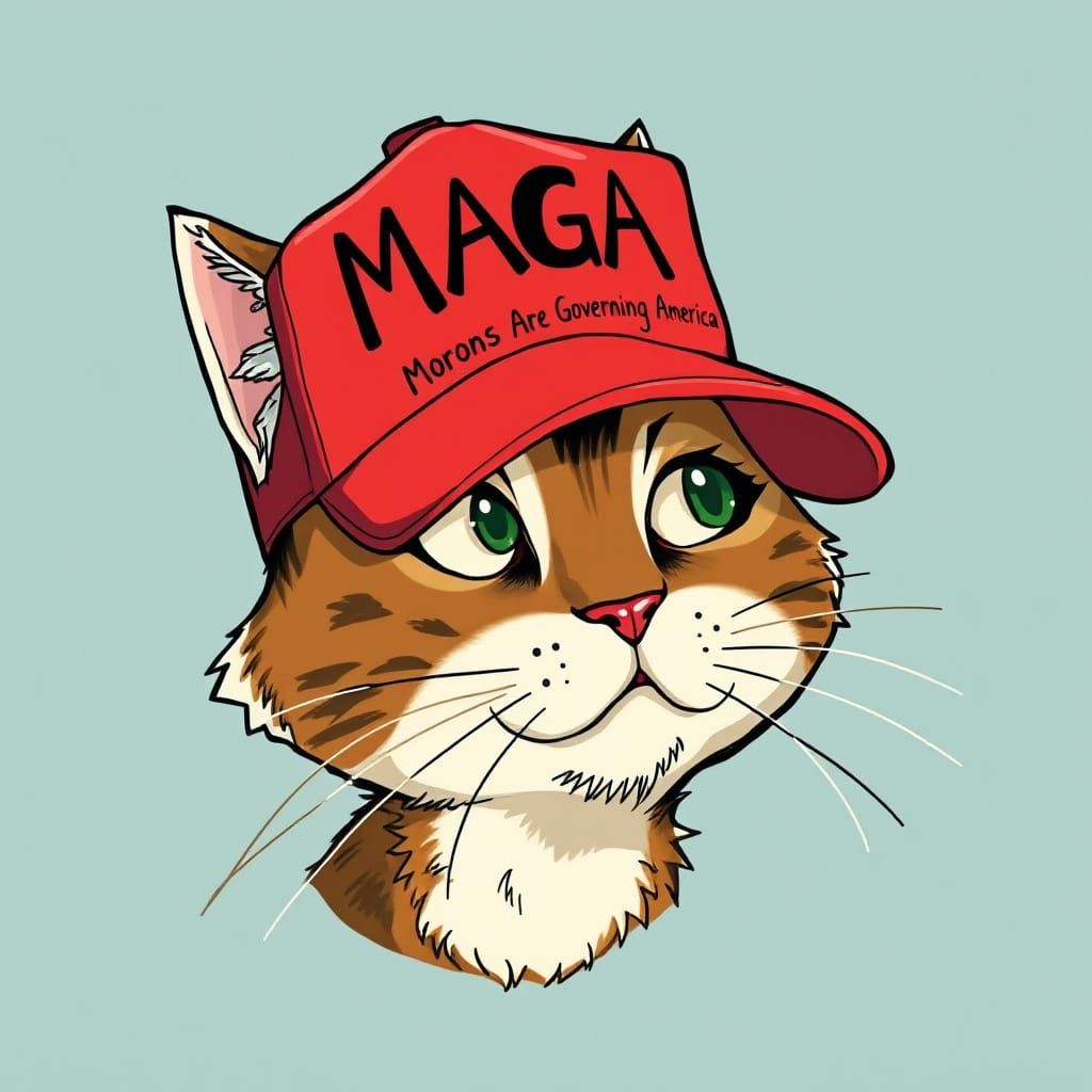 MAGA - Whimsical Cat Wears MAGA Cap in a Satirical Illustrat...
