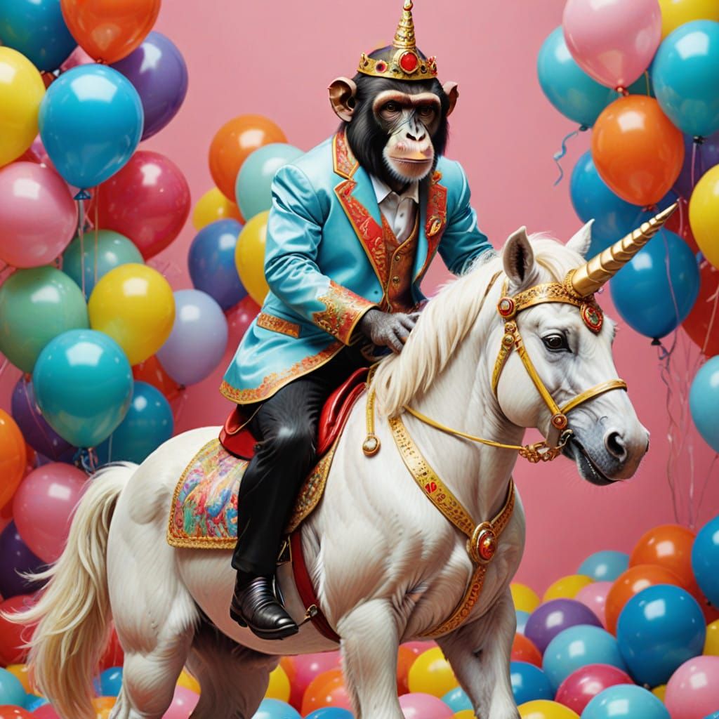 Stylish Monkey Rides a Majestic White Unicorn in V... - AI Art