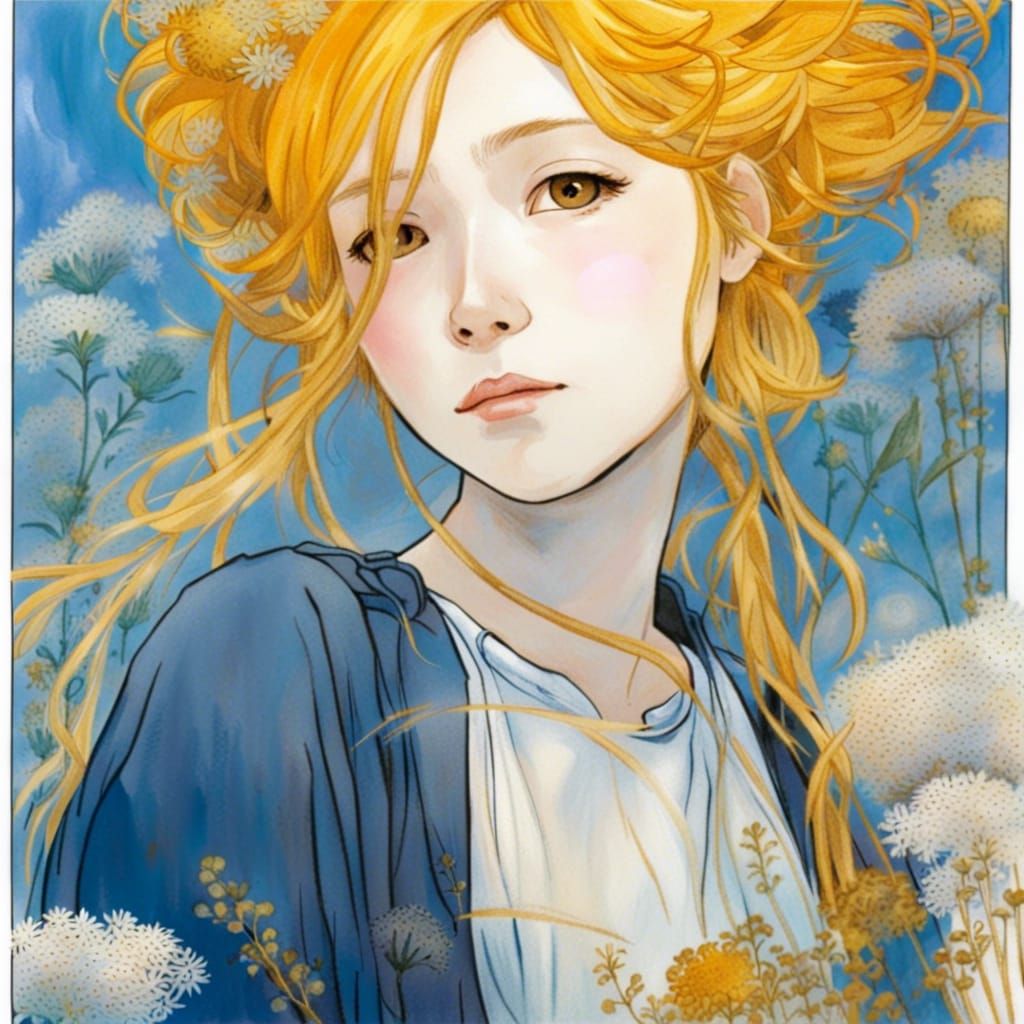 young japanese woman, wispy golden hair forms a light halo around her ...