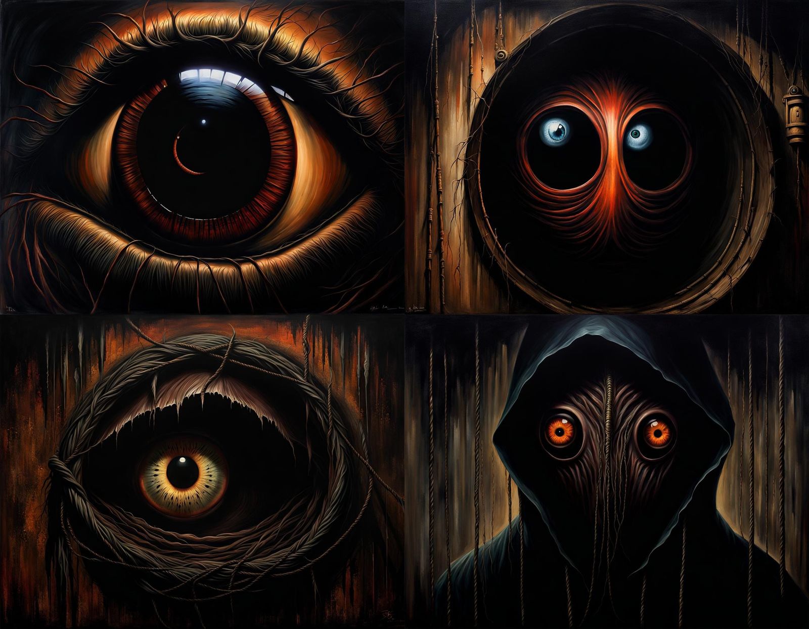 painting of a creepy looking face with a string in the middle, masahiro ...