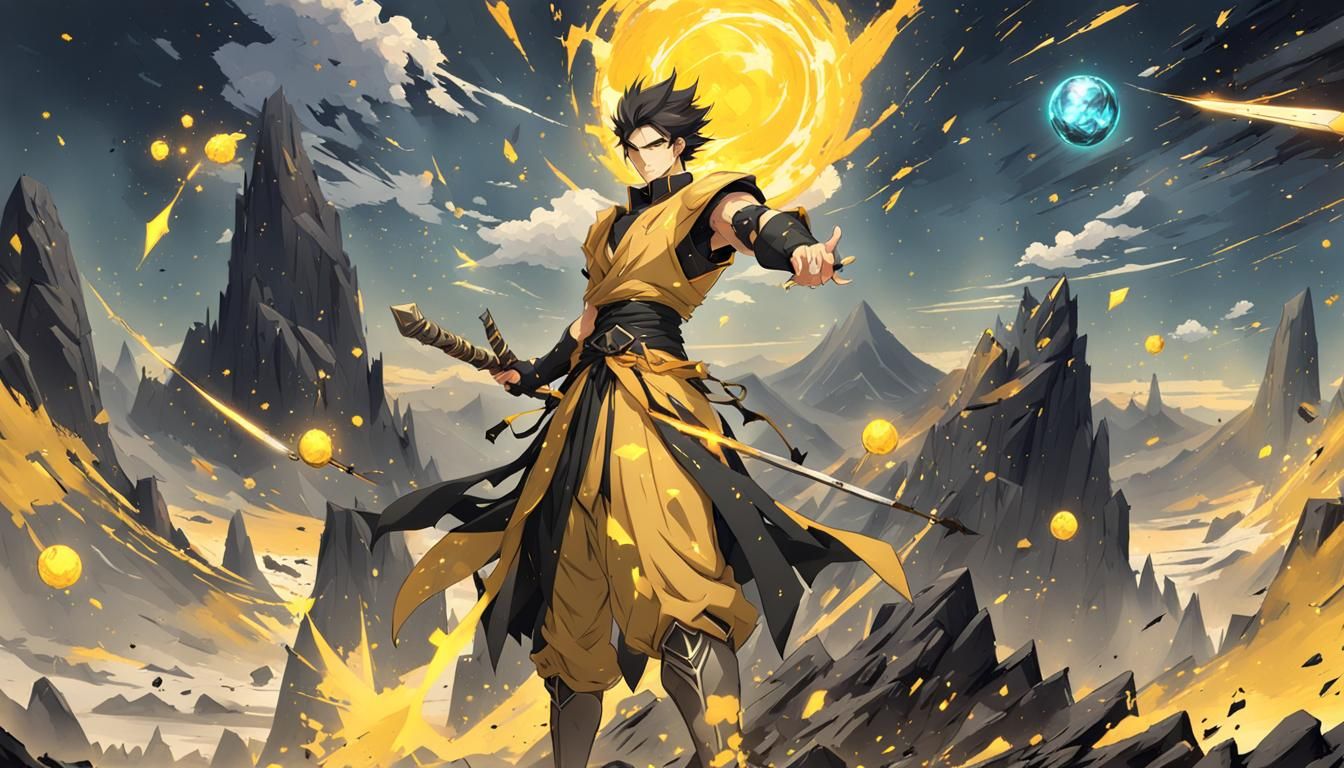 anime style powerful male character holding a spear in his right hand ...