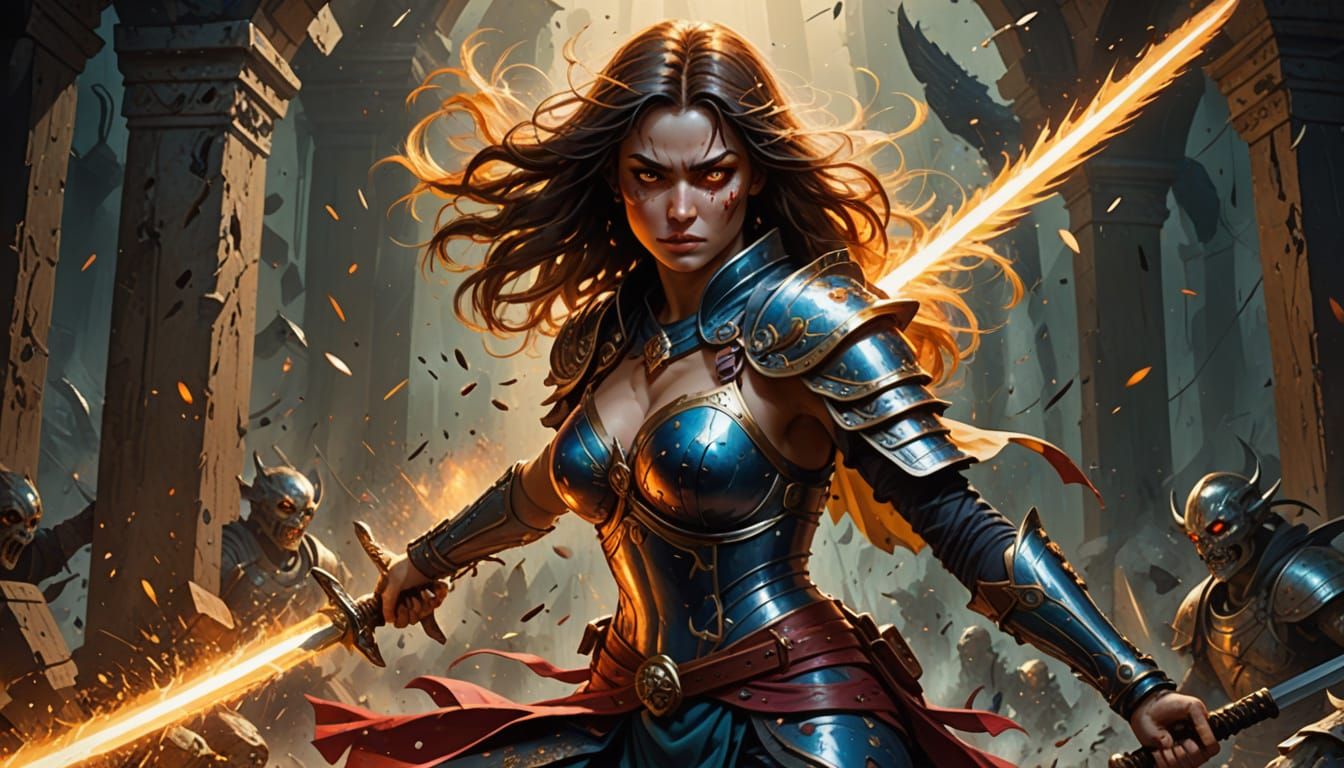 Picture a high-energy battle scene captured as a vivid digital art piece, where an Aasimar-woman ...