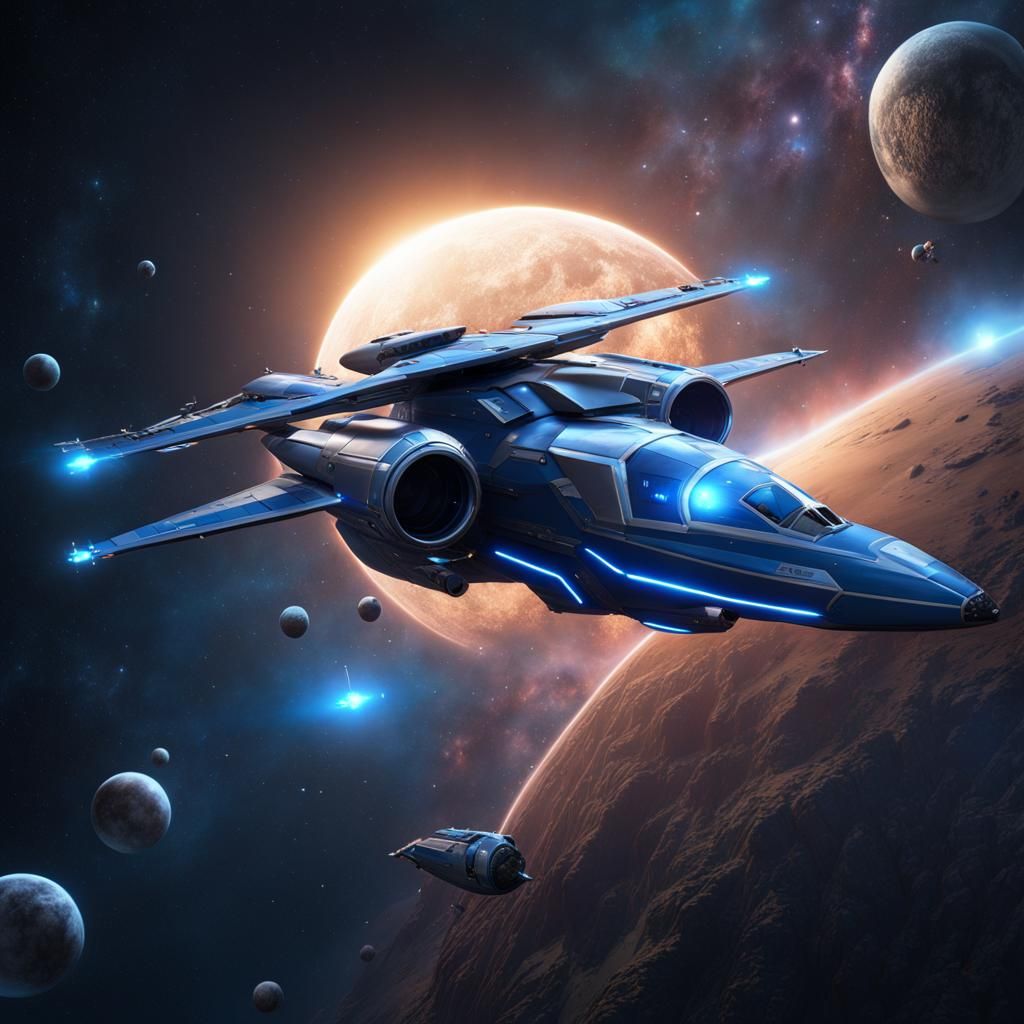 Blue sleek elven police gunship with silver trim in deep space - AI ...