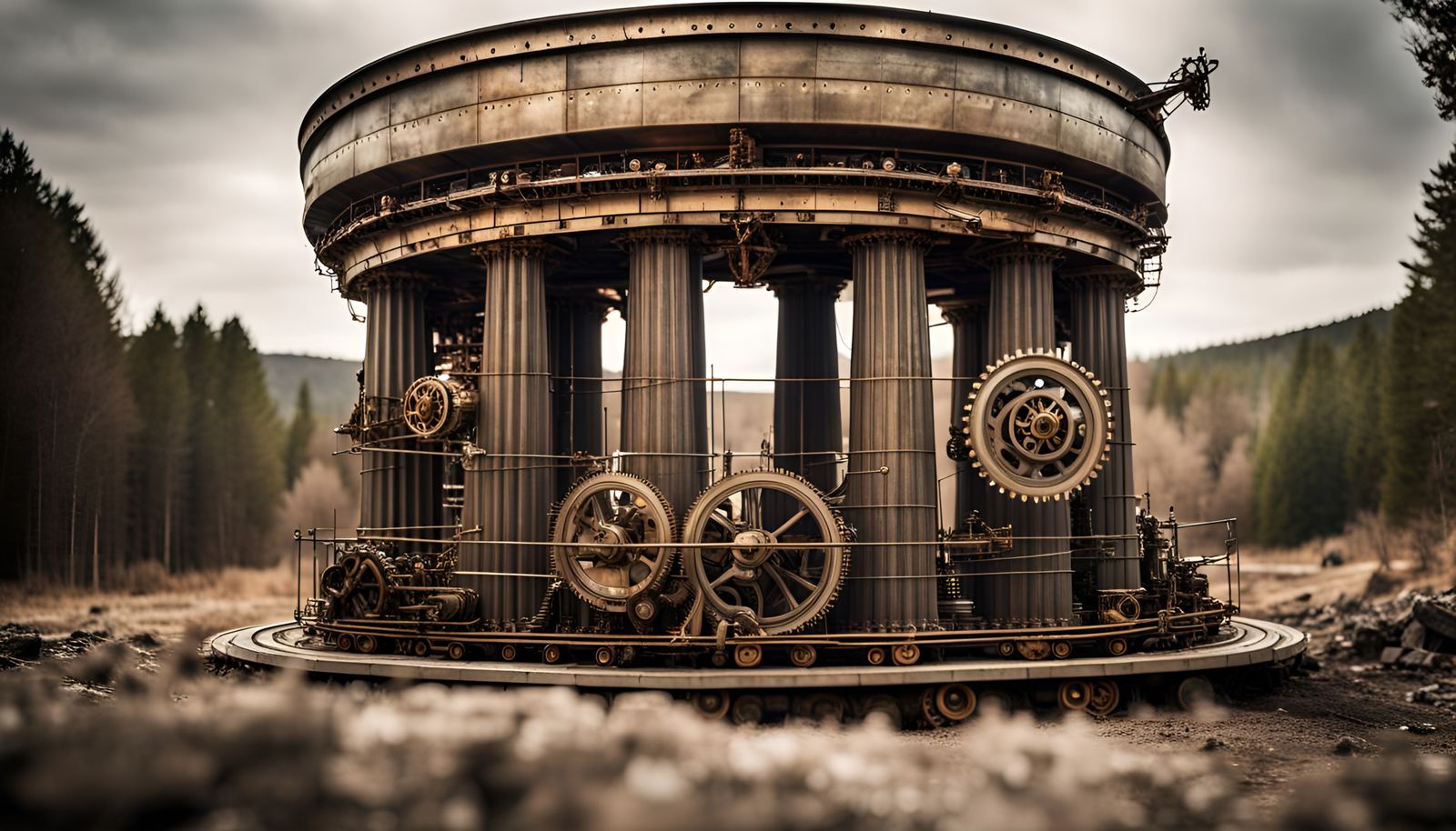 a steampunk Greek temple 200 meters high moving on a tracked chassis ...