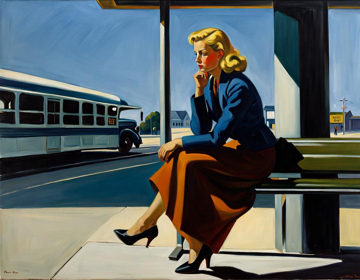 Woman waiting on a bus station, Edward Hopper painting, 1940 - AI ...