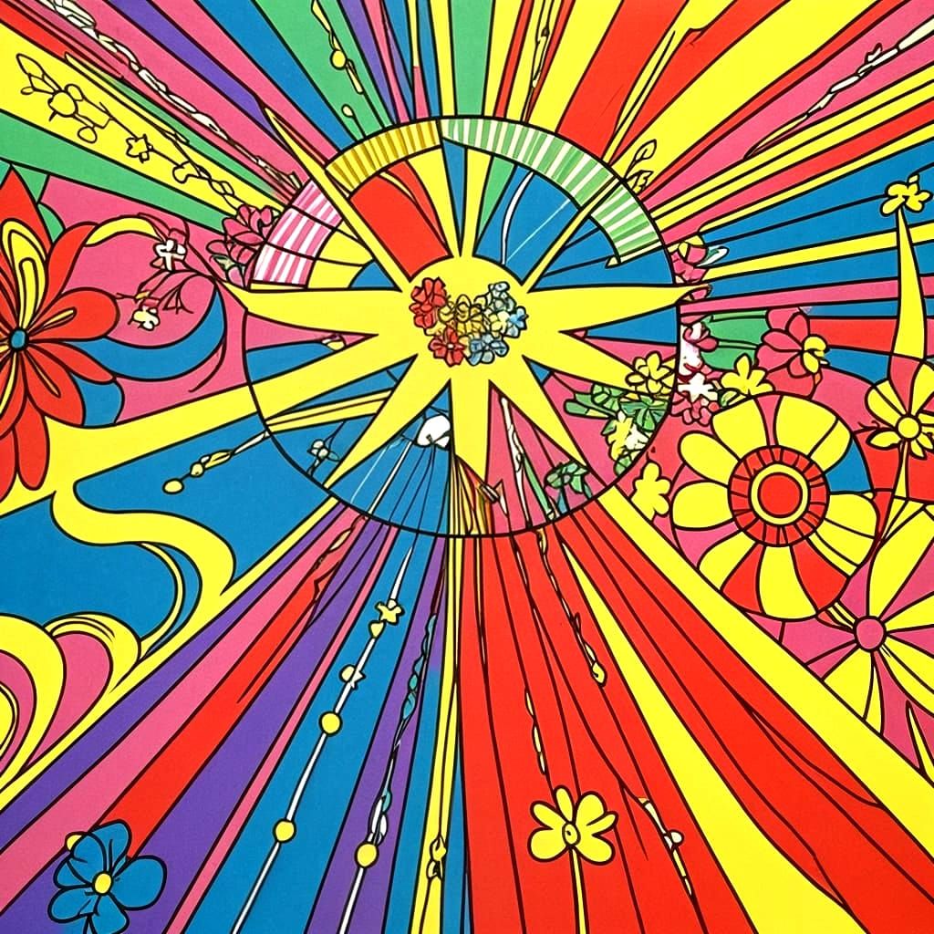 Man with mustache and peace sign. Flower power. 1960s pop art hippie ...