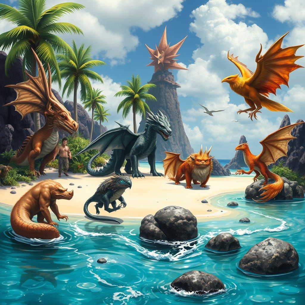 Mythical Island Paradise with Cyclops, Dragon, and... - AI Art