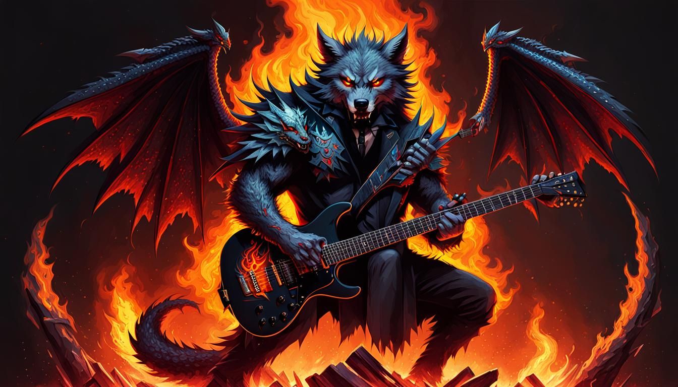 demon wolf with dragon wings holding electric guitar standing in front ...