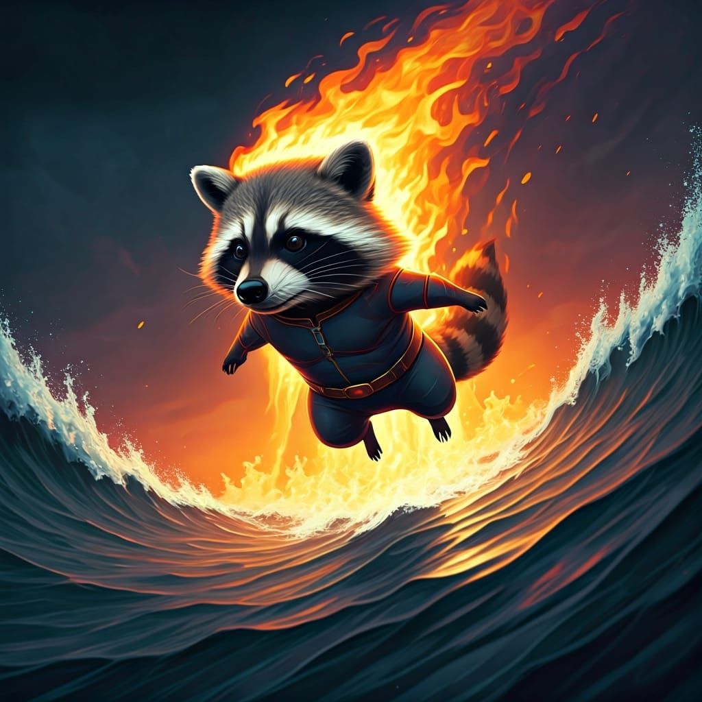 the Raccoon Torch, flies through the air, while evaporating an ...