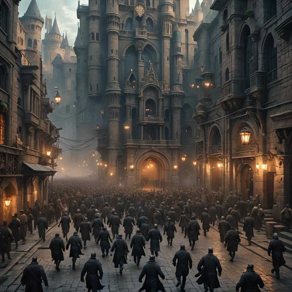 Running mob in a fantasy city - AI Generated Artwork - NightCafe Creator
