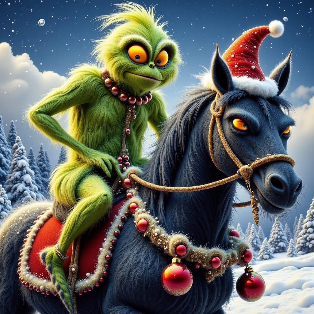 The Grinch Rides a Whimsical Black Pony in Festive... - AI Art